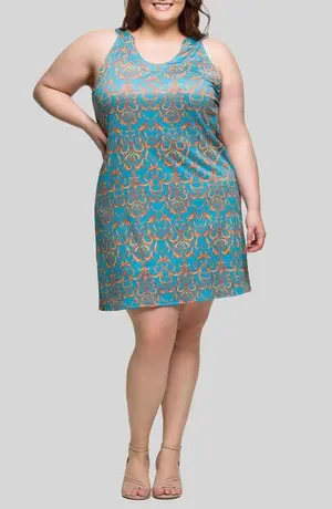 24SEVEN COMFORT APPAREL Filigree Print Sleeveless Dress - Blue Multi