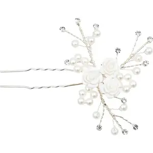 TULLEEN Rhinestone Pearl Rose Hair Pin - Silver
