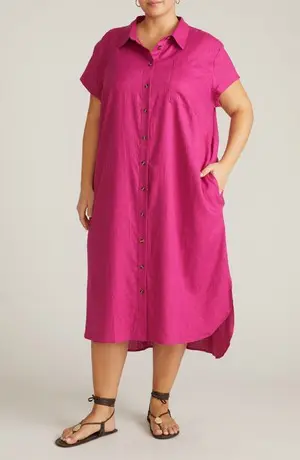 Universal Standard Universal Standard Dune Linen Blend Midi Shirt Dress Hyper Pink