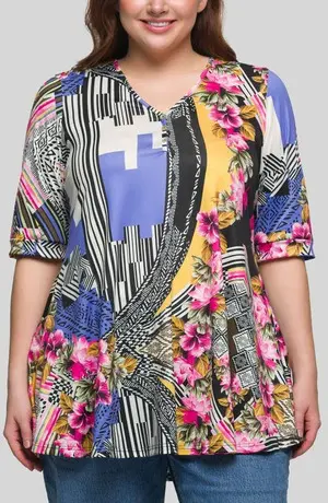 24SEVEN COMFORT APPAREL Mix Print V-neck Tunic Top - Blue Multi