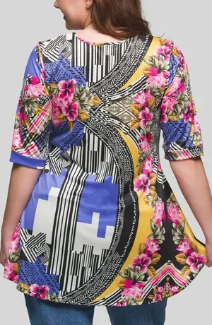 24SEVEN COMFORT APPAREL Mix Print V-neck Tunic Top