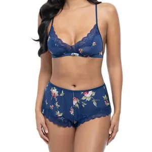 OH LA LA CHERI Reina Lace Trim Bralette & Tap Shorts Set - Blue Floral Print