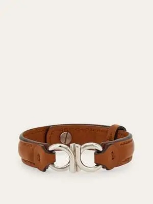 FERRAGAMO Double Gancini Leather Bracelet Silver