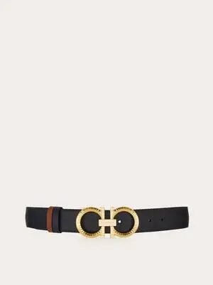 FERRAGAMO Reversible Belt With Hammered Gancini - Black