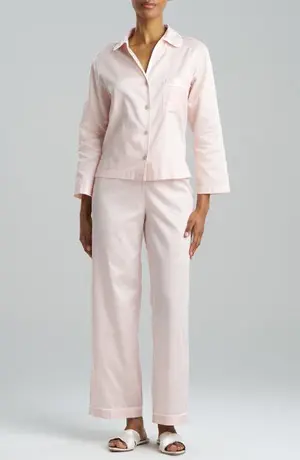 Natori Embroidered Trim Cotton Sateen Pajamas - Blush