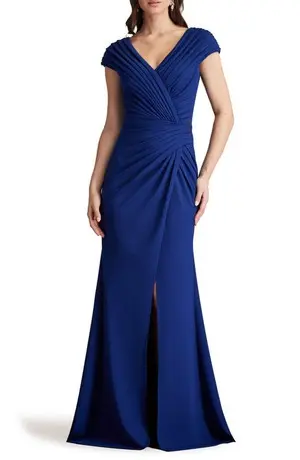 Tadashi Shoji Pleated Crepe Trumpet Gown - Midnight