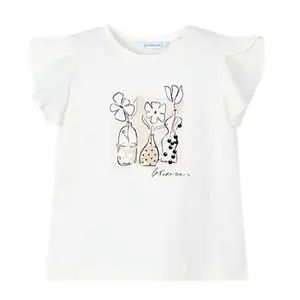 MAYORAL Flower Appliqué T-shirt With Ruffle - Natural