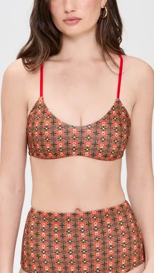 The Great. Reversible Bikini Top - Rust Tile Print/hot Red
