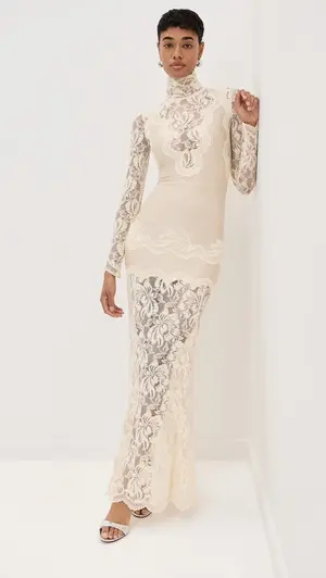 Rabanne Long Dress In Lace And Jersey - Ivory