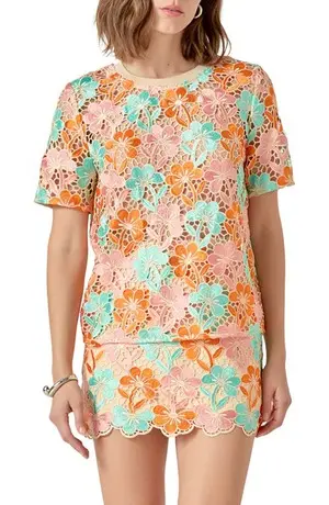 Endless Rose Floral Embroidered Open Knit Top - Orange Multi