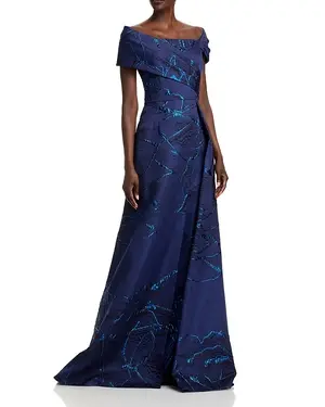 Rickie Freeman For Teri Jon Asymmetrical Jacquard Gown - Navy Multi