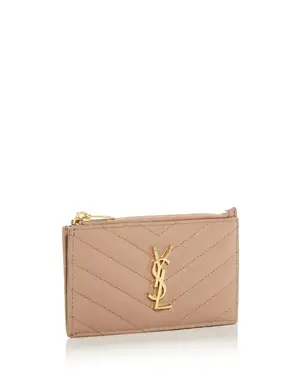 Saint Laurent Cassandre Matelasse Fragments Zipped Card Case - Vintage Peach Grain Leather/gold