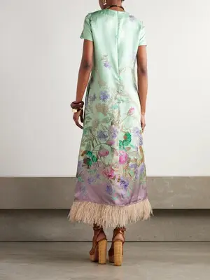 La DoubleJ Feather-trimmed Floral-print Silk-twill Maxi Dress