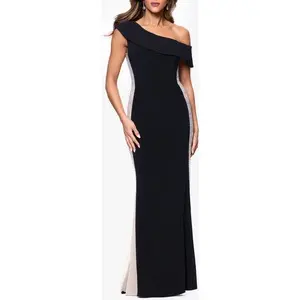 XSCAPE EVENINGS Crystal Mesh Detail One-shoulder Sheath Gown