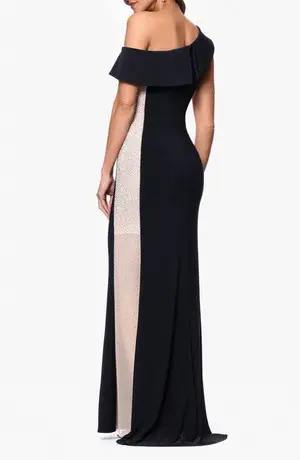 XSCAPE EVENINGS Crystal Mesh Detail One-shoulder Sheath Gown