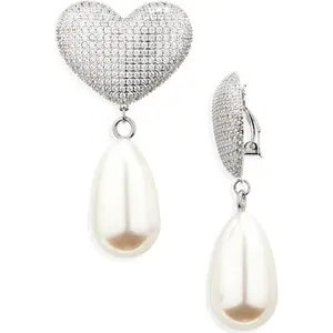 JULIETTA Frances Pavé Crystal Heart & Faux Pearl Clip-on Earrings - Silver Pearl