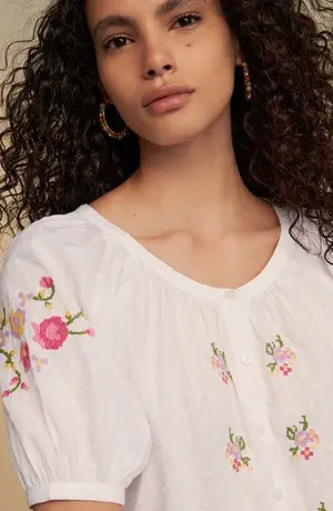 NEXT Embroidered Puff Sleeve Cotton Top