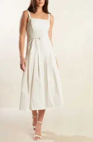 FREEMARKET Square Neck Belted Cotton Midi Dress