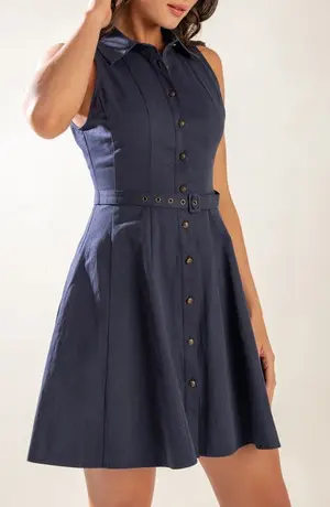 FREEMARKET Solid Sleeveless Cotton Fit & Flare Shirt Dress