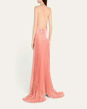 Alice + Olivia Adalyn Pleated Metallic Halter Maxi Dress