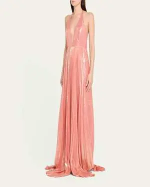 Alice + Olivia Adalyn Pleated Metallic Halter Maxi Dress