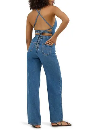 LEEM Wide Leg Denim Halter Jumpsuit