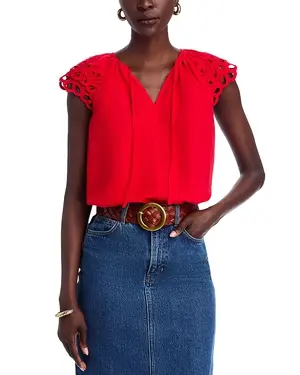 T Tahari Embroidered Blouse - Apple Red