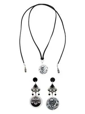 AMIR SLAMA Floral Pendant Necklace And Drop Earrings Set - Black