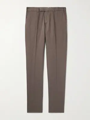 Zegna Slim-fit Tapered Cotton And Linen-blend Twill Trousers - Brown
