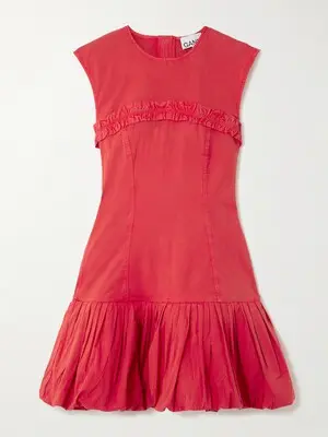 GANNI Ruffled Gathered Cotton-blend Mini Dress - Red