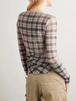Acne Studios Ruched Checked Stretch-jersey Top - Brown
