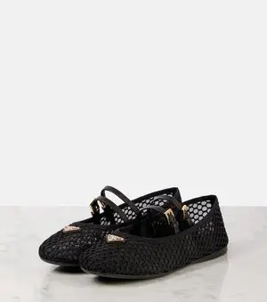 Prada Logo Leather-trimmed Mesh Ballet Flats - Black