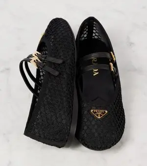 Prada Logo Leather-trimmed Mesh Ballet Flats - Black