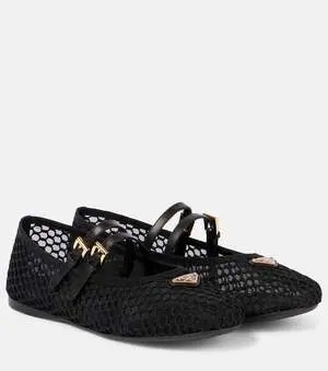 Prada Logo Leather-trimmed Mesh Ballet Flats - Black