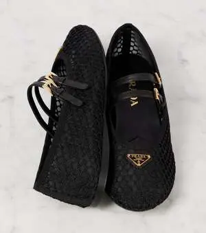 Prada Logo Leather-trimmed Mesh Ballet Flats - Black