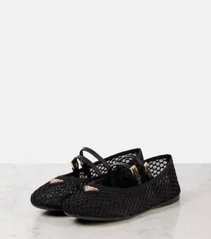 Prada Logo Leather-trimmed Mesh Ballet Flats - Black
