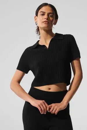Alo Yoga Cashmere Plush Waffle Polo T-shirt - Black