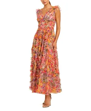 Mac Duggal Floral Mesh Ruffle V-neck Ankle Dress