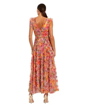 Mac Duggal Floral Mesh Ruffle V-neck Ankle Dress
