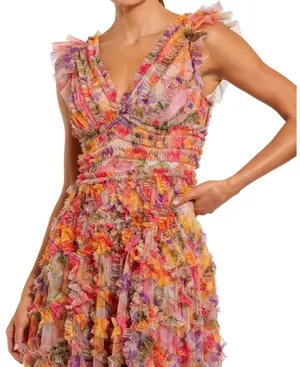 Mac Duggal Floral Mesh Ruffle V-neck Ankle Dress