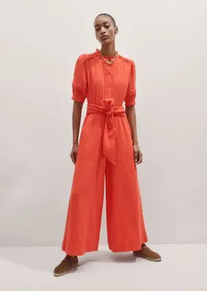 ME+EM Cheesecloth Crop Jumpsuit With Frill Detail And Belt - Papaya Orange