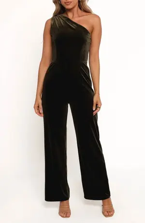 PETAL & PUP Xita Velvet One-shoulder Jumpsuit - Olive