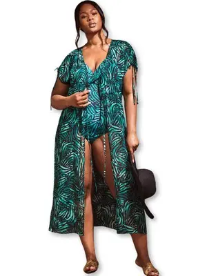 LIVE UNLIMITED Abstract Drawstring Shoulder Kimono - Green