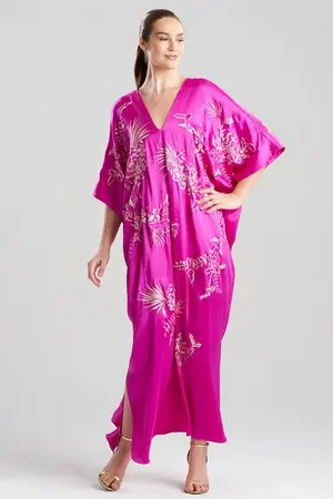 Natori Couture Chrysanthemum Embroidered Silk Caftan - Floral / Pink