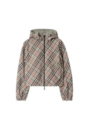 Burberry Cropped Reversible Check Hooded Jacket - Mauve Grey