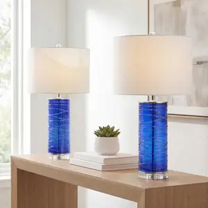 JONATHAN Y Cole 27.5" Modern Fused Glass Cylinder Led Table Lamp - Cobalt