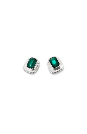 UNODE50 Green Crystal Stud Earrings - Silver