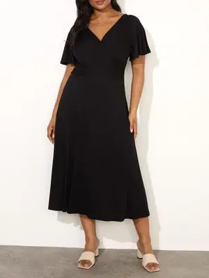 LIVE UNLIMITED Ditsy Jersey Flutter Sleeve Wrap Dress - Black