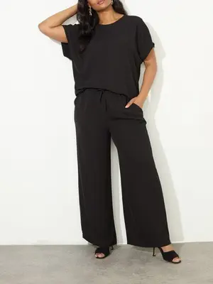 LIVE UNLIMITED Drawstring Waist Wide Leg Pants - Black