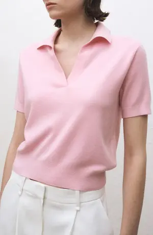Mango Short Sleeve Cotton & Wool Polo Sweater - Pink